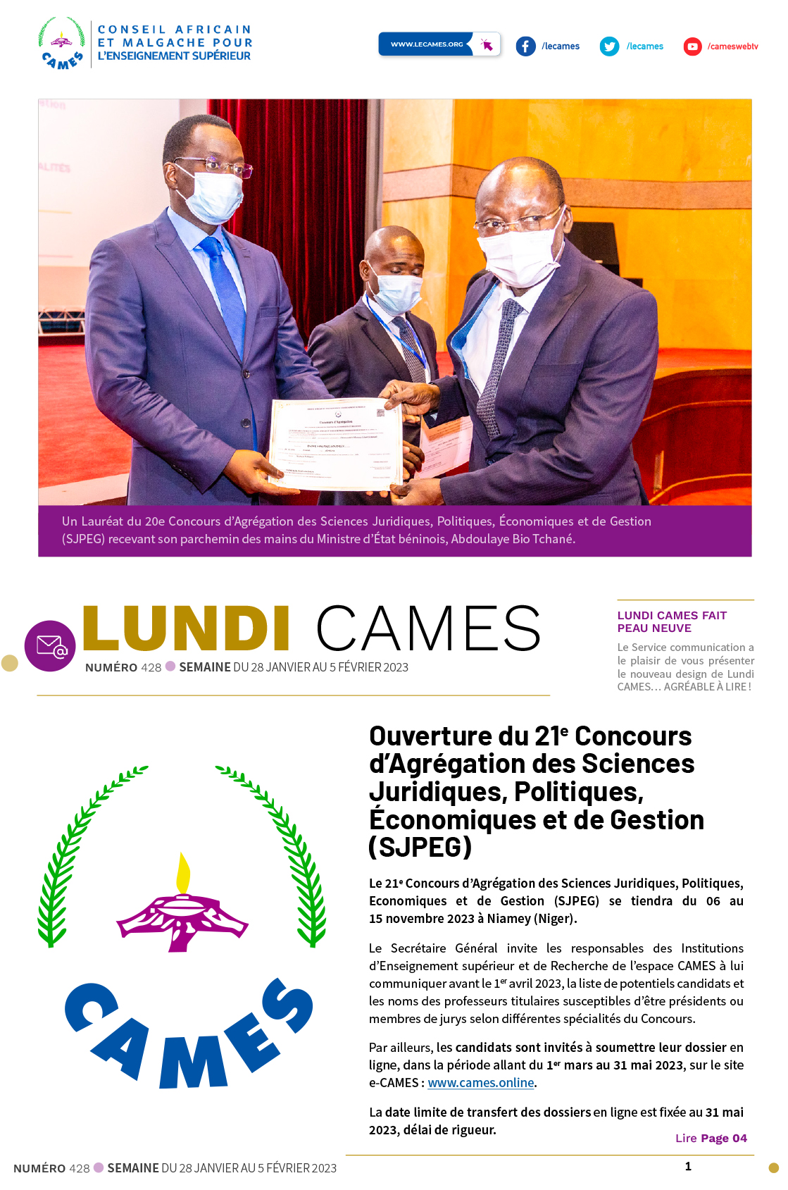 Lundi CAMES No 428 – Semaine du 30 janvier au 5 février 2023 - CAMES